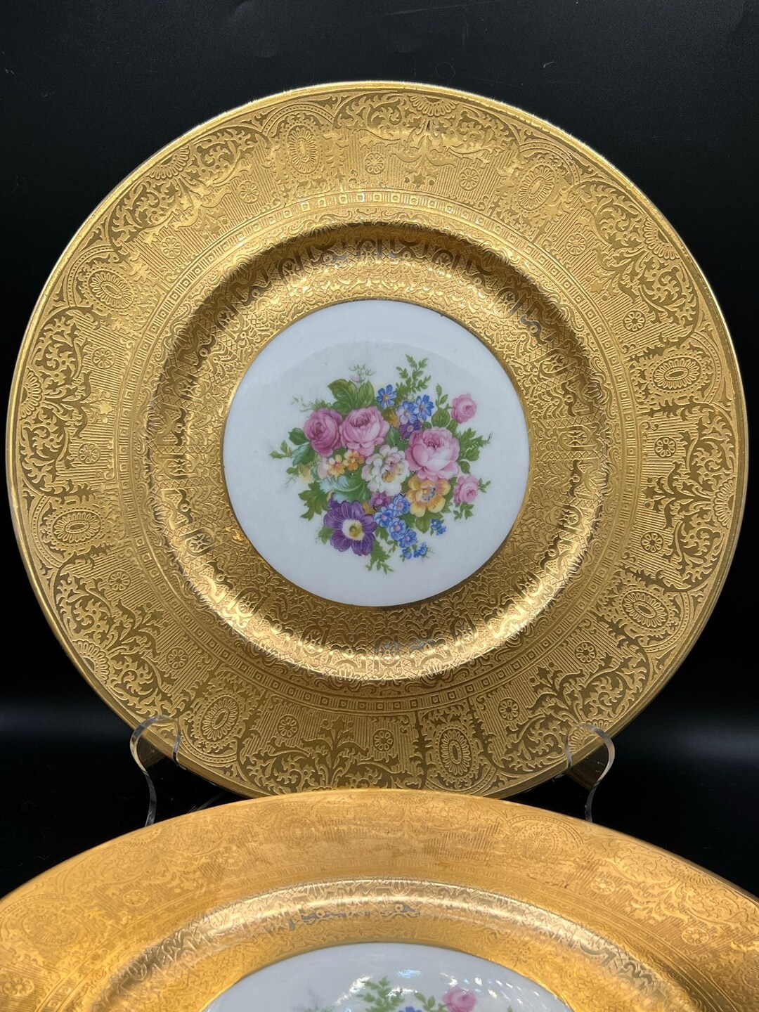 Vintage Limoges Dinner Plates: Onate Gold Trim, Floral Center - Set of ...