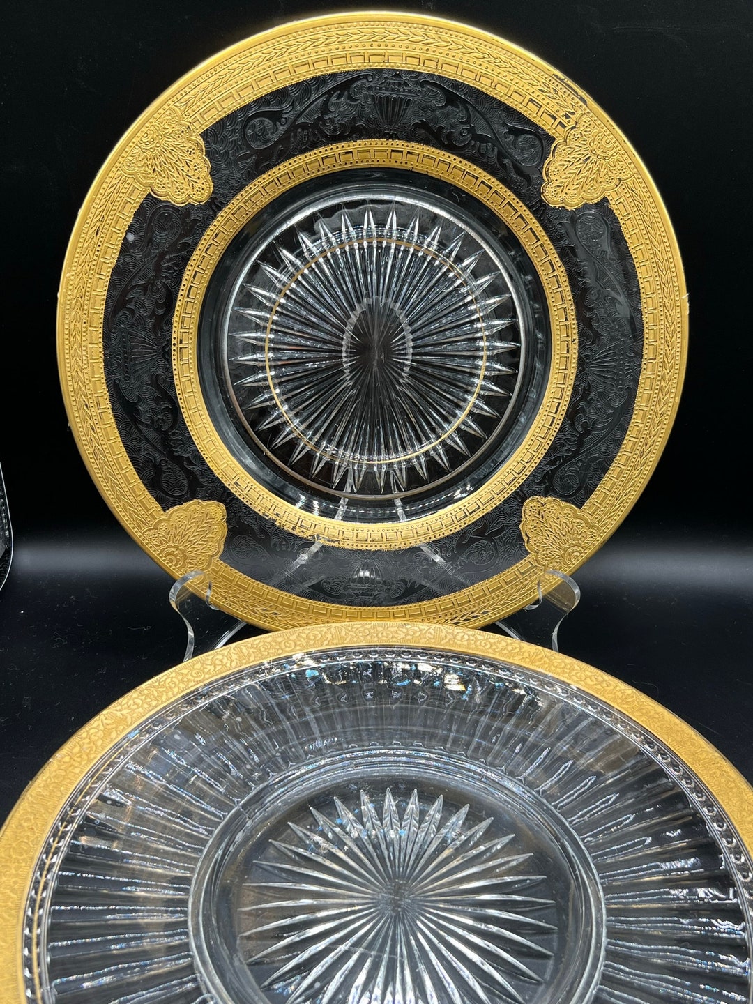 Vintage Gold Rimmed Clear Glass Plates - Ornate Gold Trim - Very Pretty ...