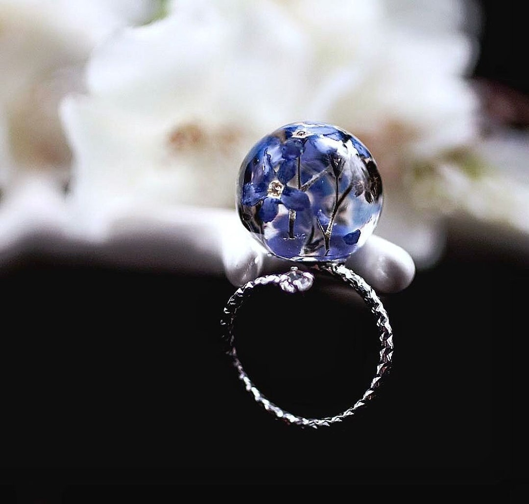 Forget Me Not Sphere Ring, Blue Flower Botanical Resin Ring, Plants ...