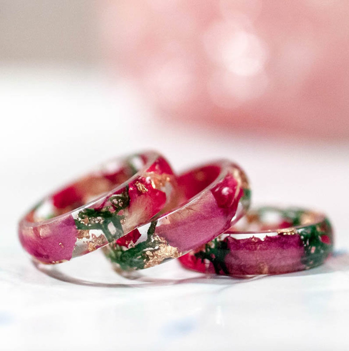 Real Rose Flower Ring Resin Botanical Moss Ring Plants Pink Rose Petals ...