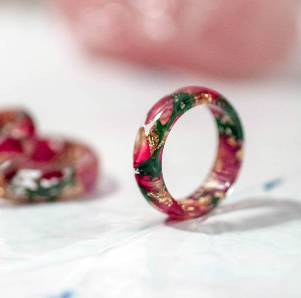 Real Rose Flower Ring Resin Botanical Moss Ring Plants Pink Rose Petals ...