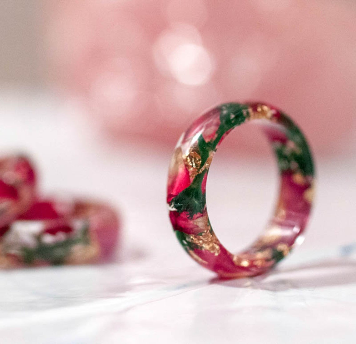 Real Rose Flower Ring Resin Botanical Moss Ring Plants Pink Rose Petals ...