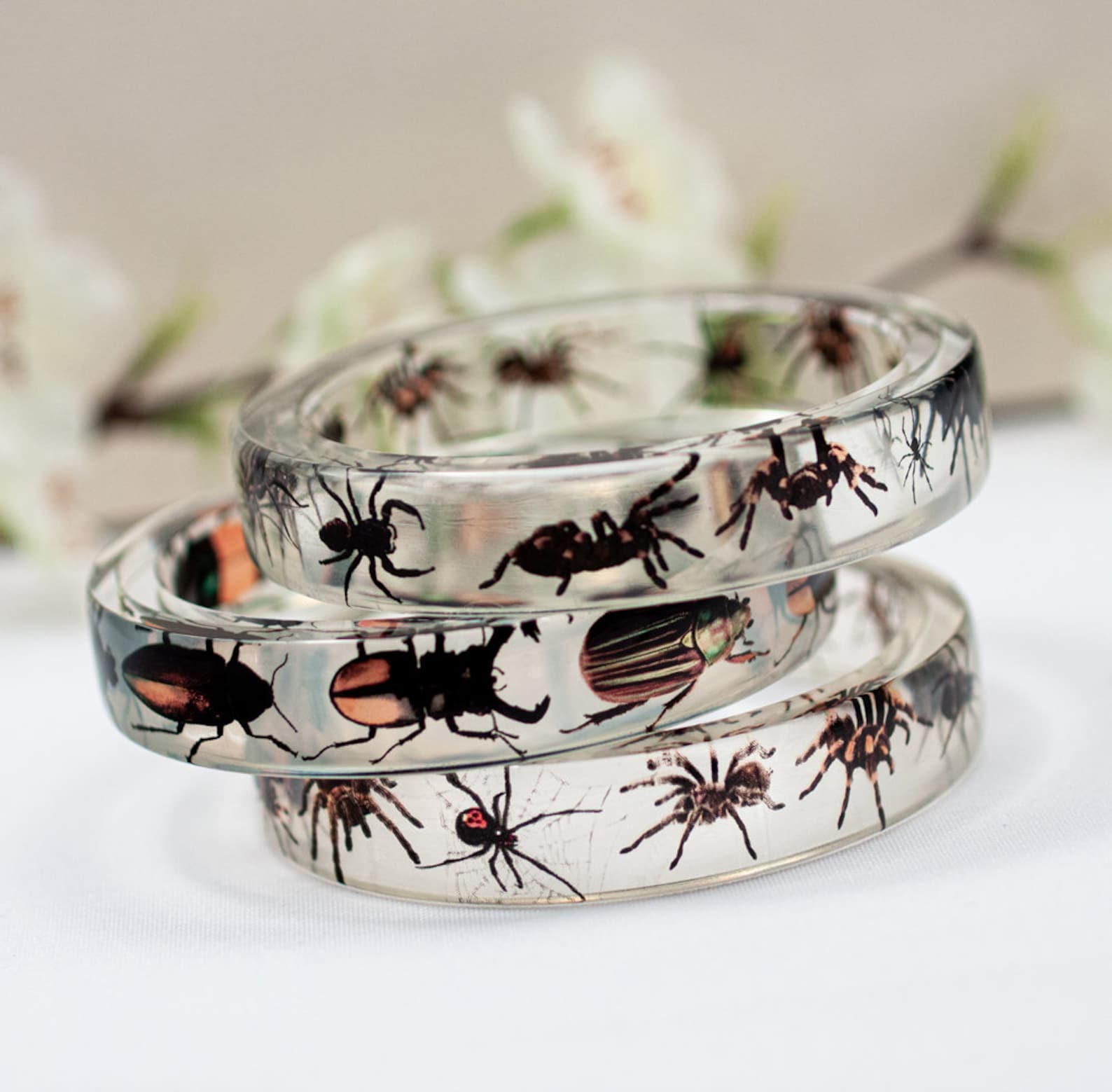 Bangle Bracelet With Beetles, D-64mm, Resin Jewelry, Rhinoceros Beetle ...