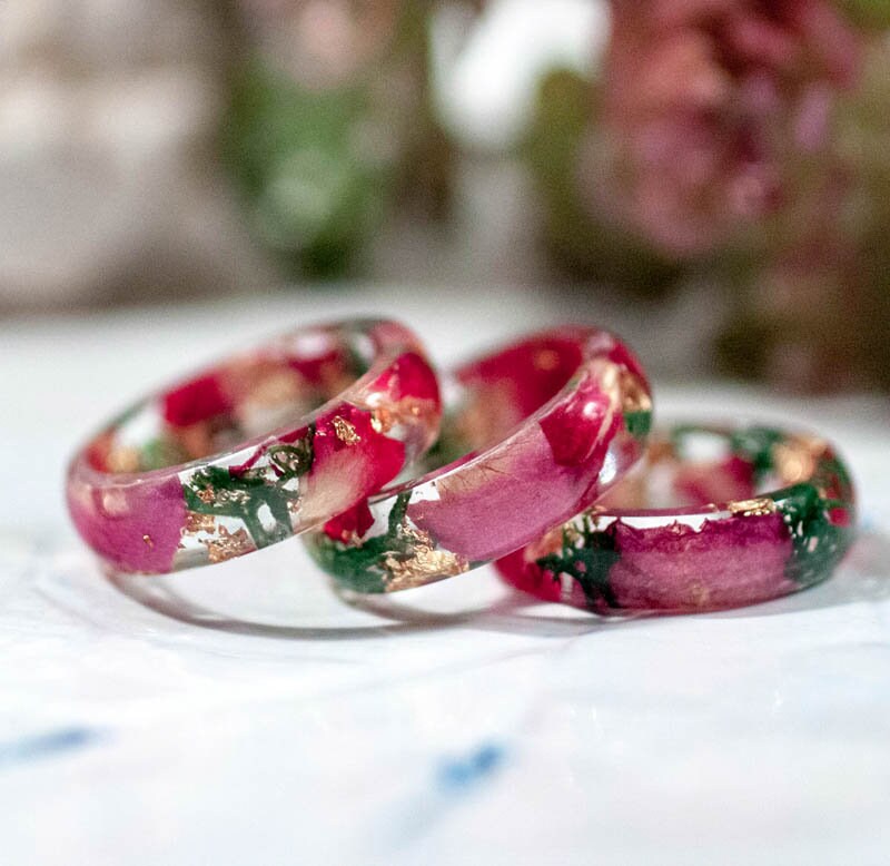 Real Rose Flower Ring Resin Botanical Moss Ring Plants Pink Rose Petals ...
