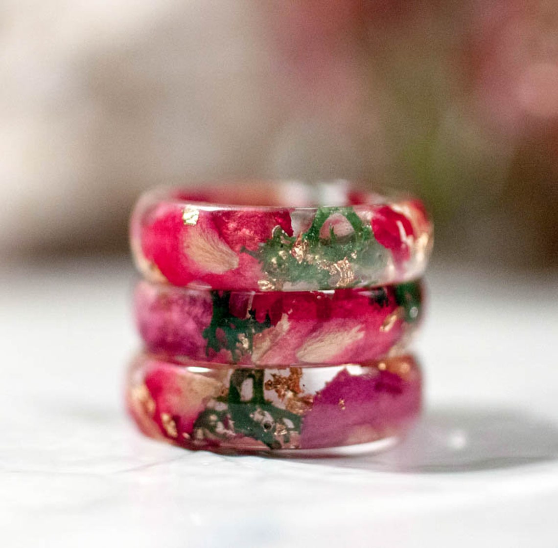 Real Rose Flower Ring Resin Botanical Moss Ring Plants Pink Rose Petals ...