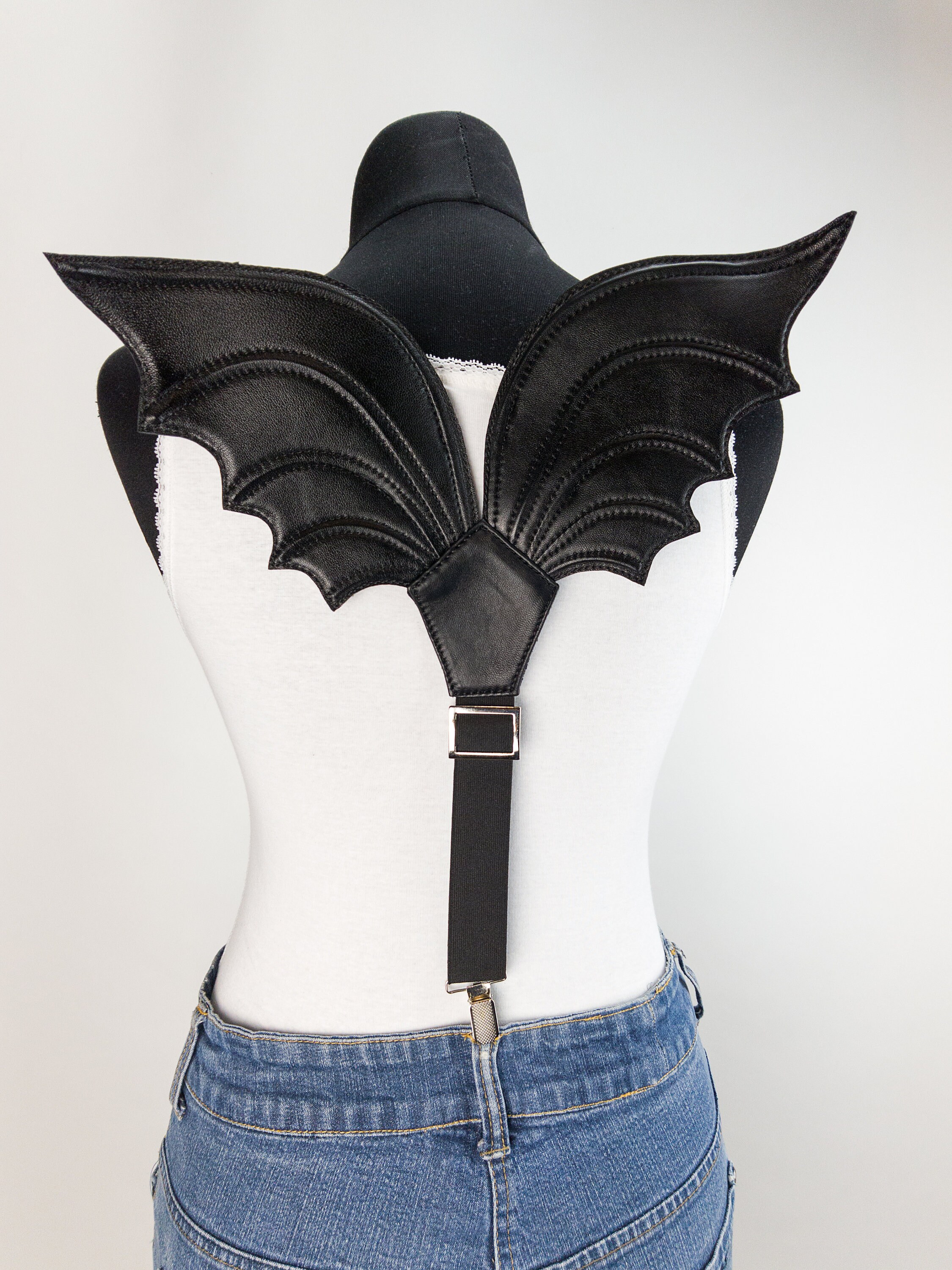 Black Leather Suspenders With Bat Wings Unisex Harness Strap - Etsy