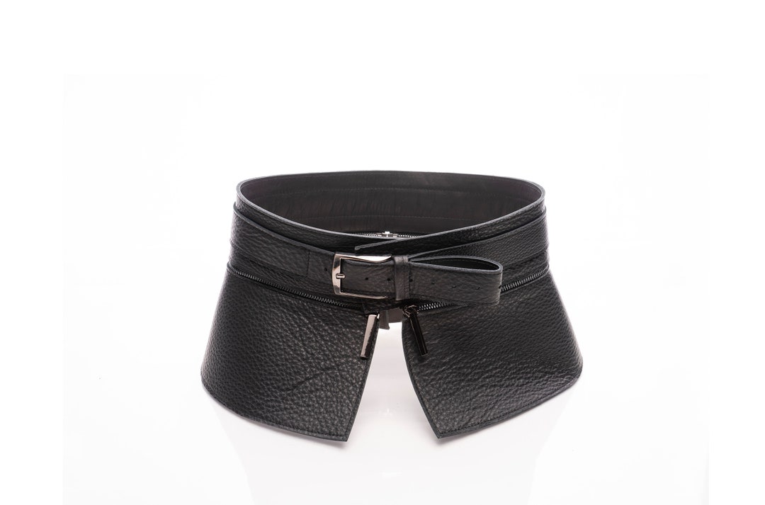 Black Full Grain Leather Peplum Zippered Belt, Transforming Leather ...