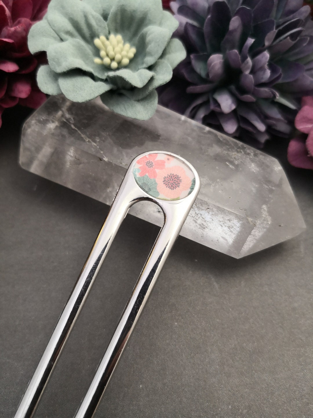 Metal Hair Stick Decorated With Flowered Paper, Bun Stick, Hair Stick ...