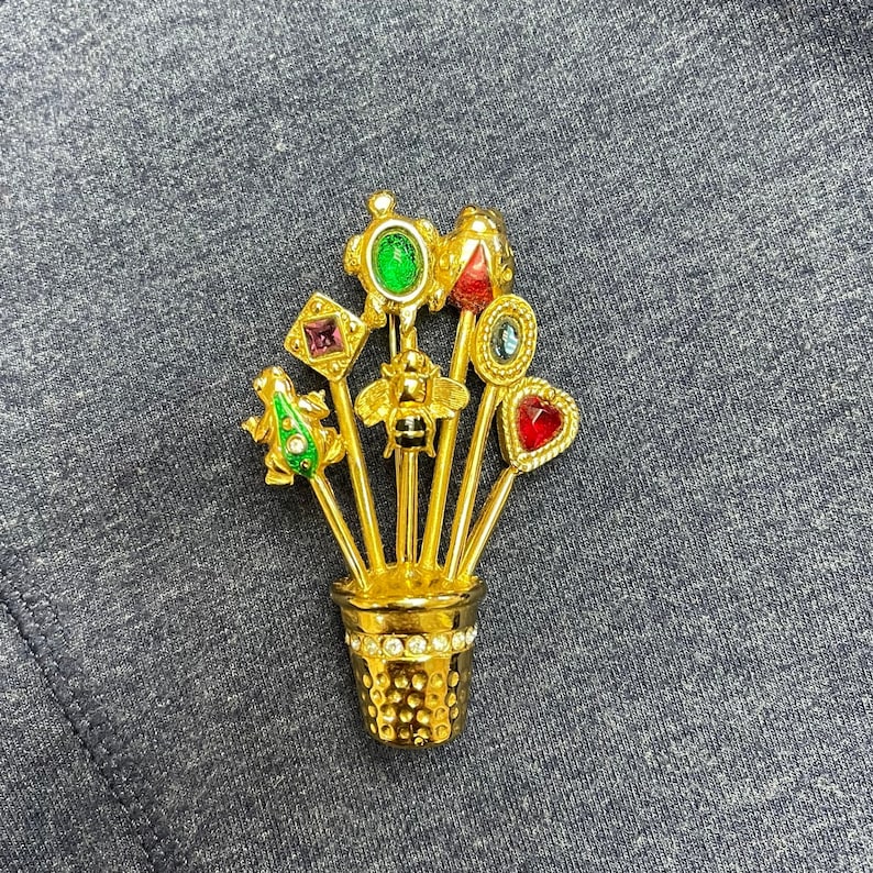 Vintage Carolee Thimble Flower Pot Brooch, Rhinestone Enamel Floral ...