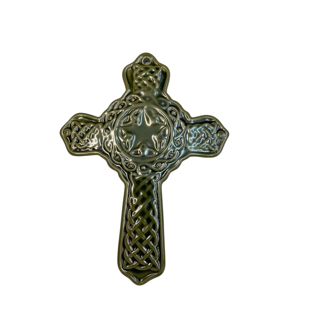 Vintage Glazed Green Ceramic Irish Celtic Cross Wall Plaque With Relief ...