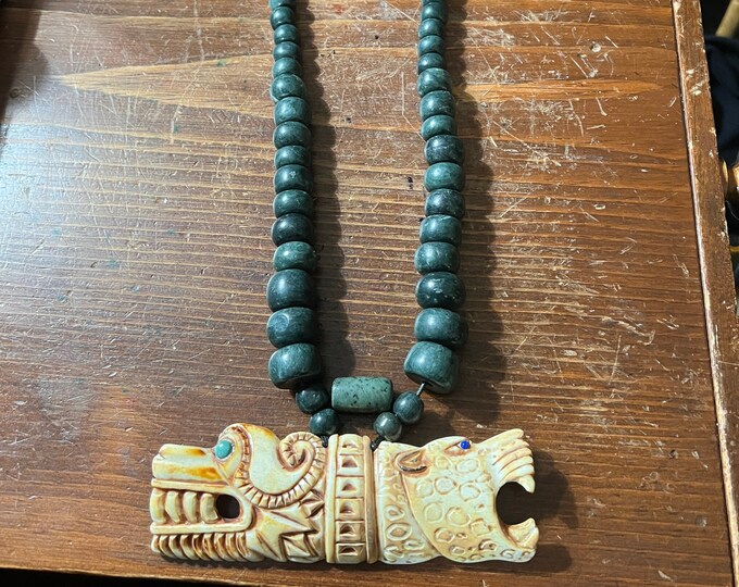 Jade and Bone Aztec Quetzacoatl and Jaquar Necklace, Made Mexico, Heavy ...
