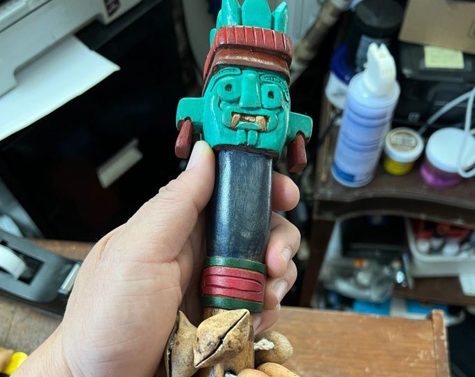 Tlaloc Rattle, Wood Carved, Ayoyotes With Bbs, Handmade Mexico ...