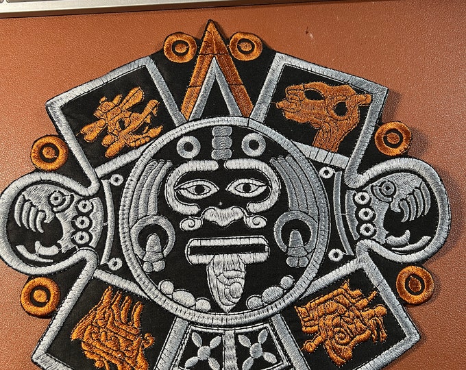 Large Aztec Calendar Tonatiuh Patch, Bronze/silver on Black Colors ...