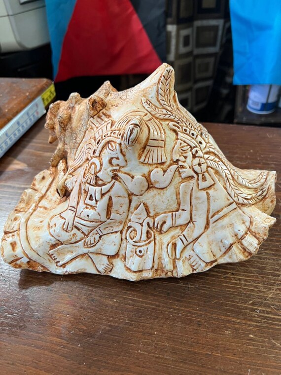 Mayan New Carved Conch Shell Mayan Warriors Speaking From - Etsy