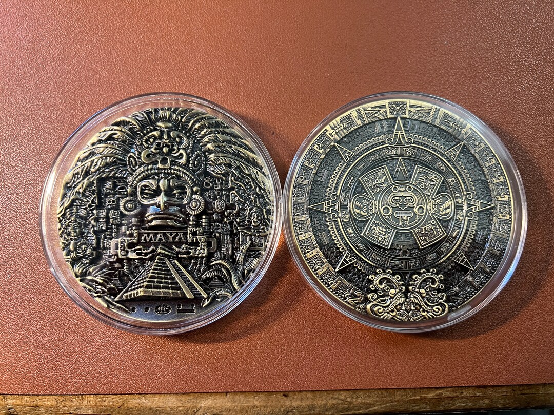 Maya and Aztec Medallion, Bronze Color Alloy Doubloon, Double Sided ...