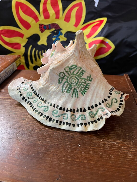 Aztec Mexica New Carved Conch Shell Trumpet With Turquoise and - Etsy