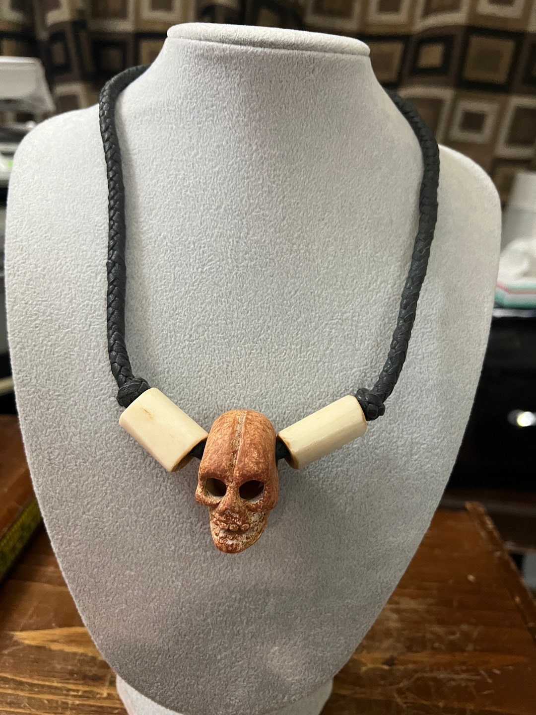 Aztec Skull and Bone Tribal Necklace Made by Hand in Mexico, Deer Bone ...