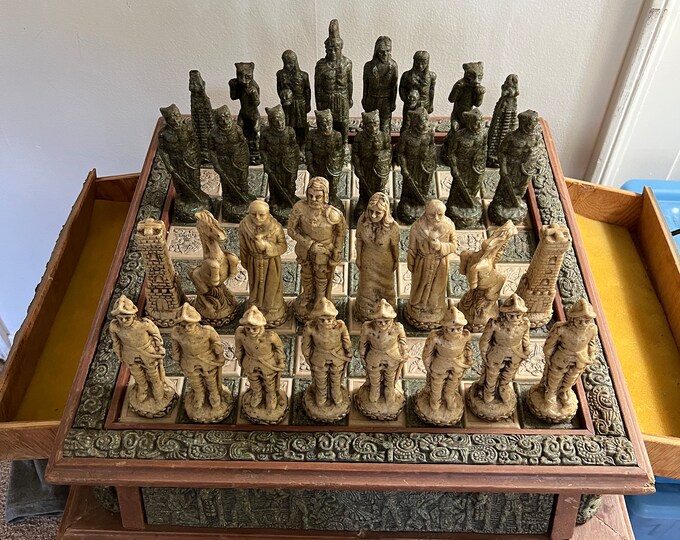 Giant Aztec Vs Spanish Conquistadors Chess Board Set, Wood, Malachite ...