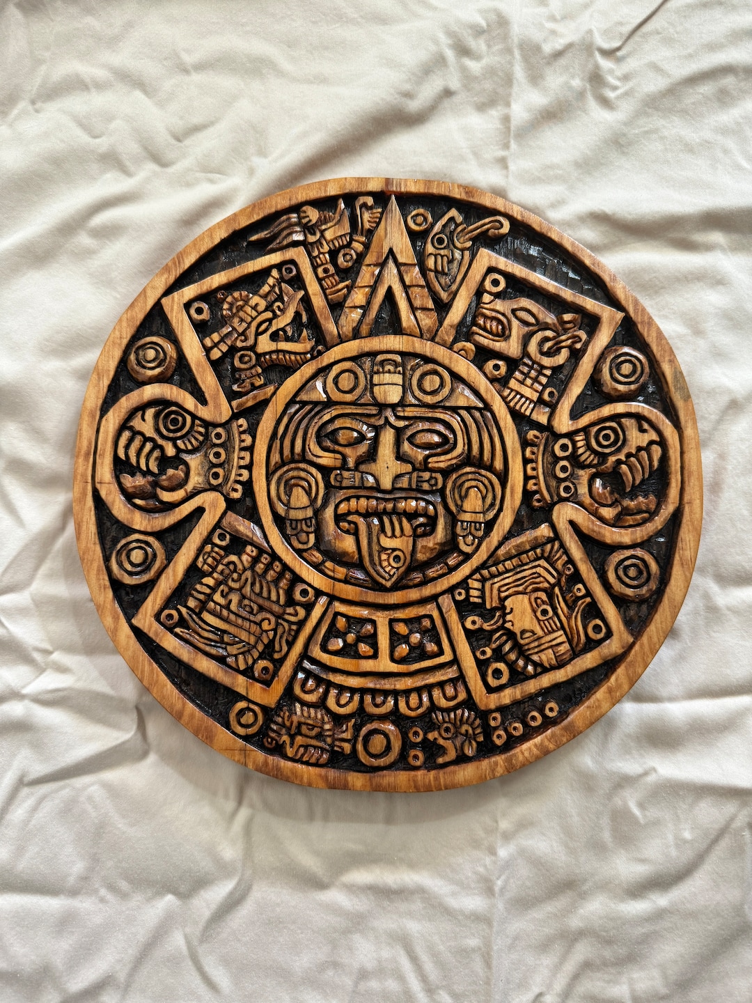 Wood Carved Tonatiuh Aztec Sun God From Mexico 12, Aztec Calendar Face ...