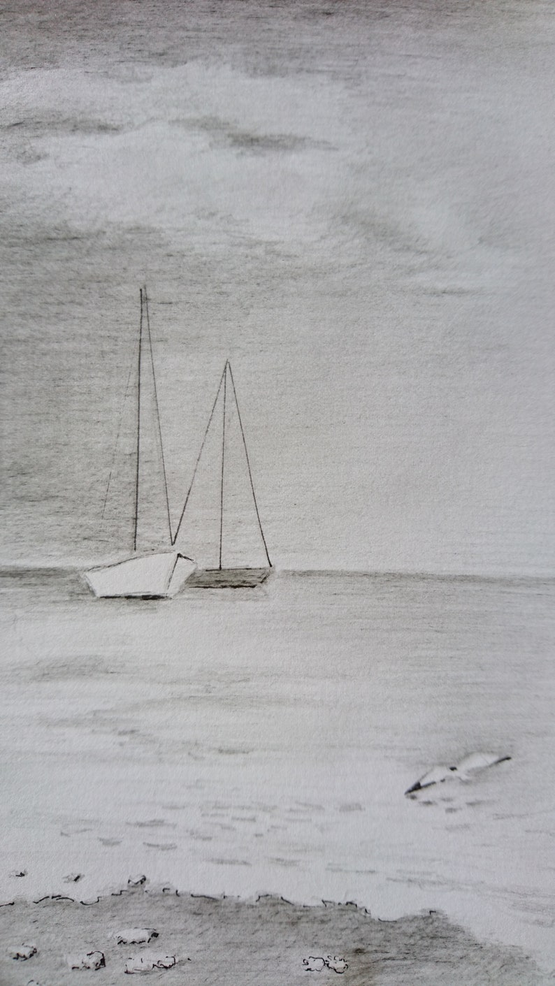 Seaside Waves Beach Boats and Seagull Studland Pencil Ink Sketch Paper ...