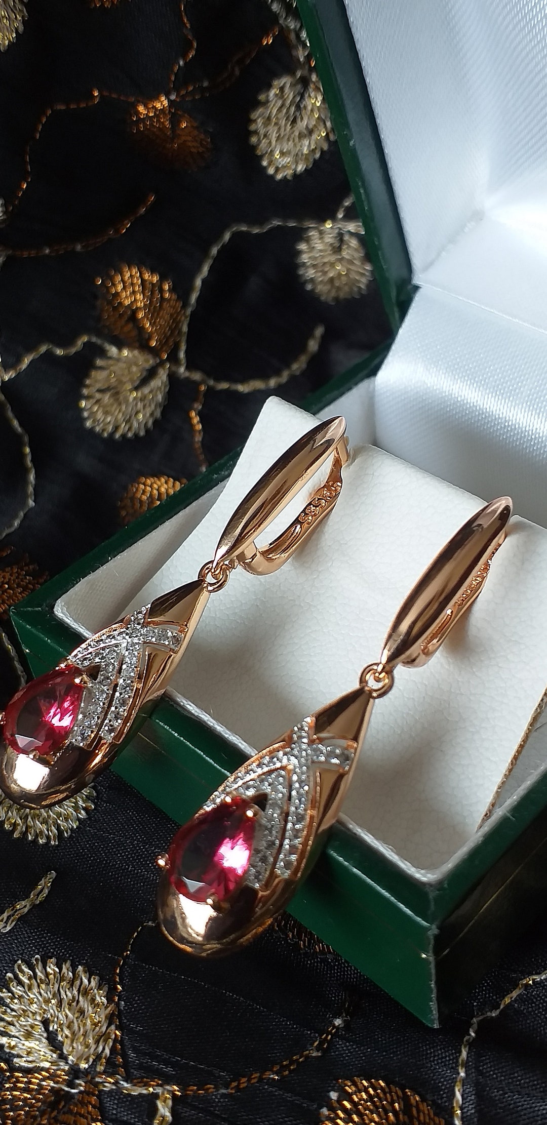 Vintage 1990-s 14 Ct Rolled Gold Ruby / Zircons Earrings-hallmarked 585 ...