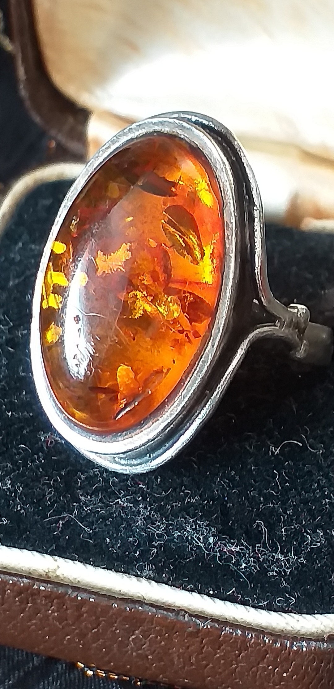 Antique Vintage Edwardian 1900-s Sterling Silver Amber Ring UK M, US 6 ...