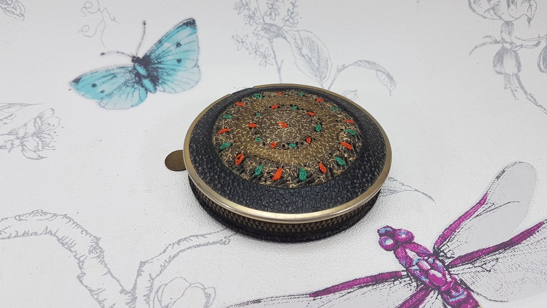Vintage Black Leather Compact: Embroidered Powder Mirror, Israel Zip - Etsy