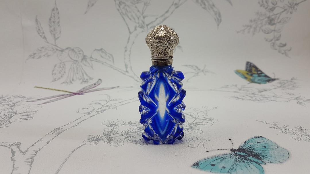 Victorian Blue Overlay Cut Glass Scent Bottle With Hinged Silver Lid ...