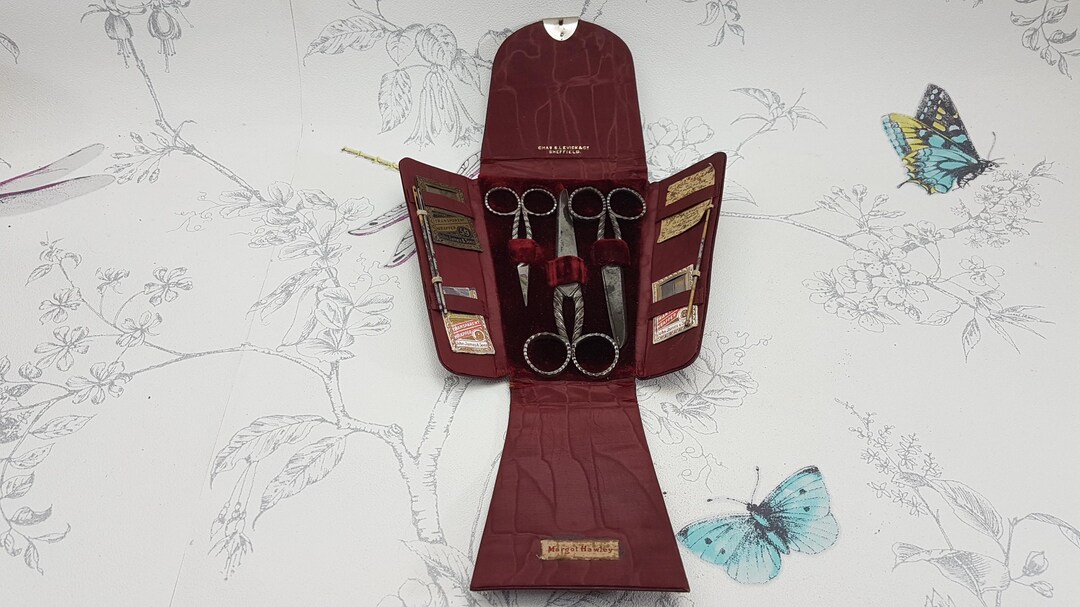Antique Red Leather Sewing Case, Folding Leather Sewing Etui, Antique ...