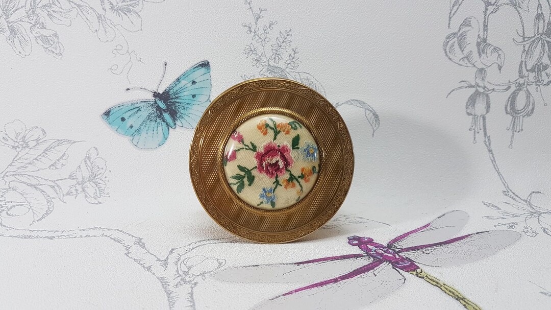 Vintage Mascot Petit Point Compact Mirror: Collectible Gold Tone Case ...