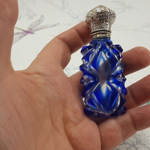 Victorian Blue Overlay Cut Glass Scent Bottle With Hinged Silver Lid ...