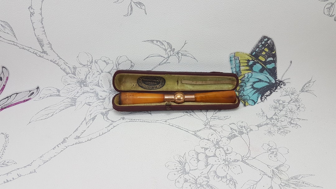 Antique Amber Cheroot Holder With 15 Ct Gold Band in Original Fitted ...