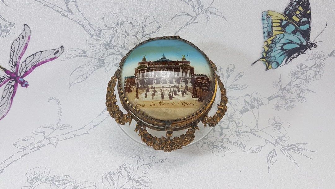 Antique French Glass Trinket Box, Round Glass Trinket Box With Gilt ...