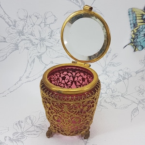 Antique Cranberry Glass Ormolu Trinket Box, Antique Gilt Filigree ...