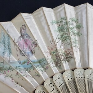 Antique French Hand Fan, 19th Century Hand Painted Silk Satin Hand Fan ...