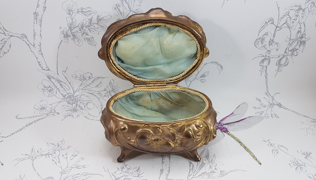 Antique Art Nouveau Trinket Box, Ornate Antique Gilt Metal Fabric Lined ...