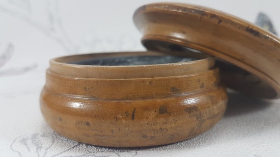 Antique treen mirrored powder bowl, vintage wooden dr… - Gem