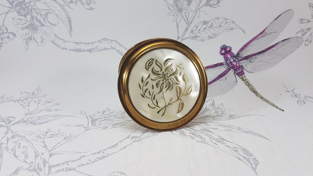 Vintage Pressed Powder Compact, Faux Mother of Pearl With Gilt Floral ...