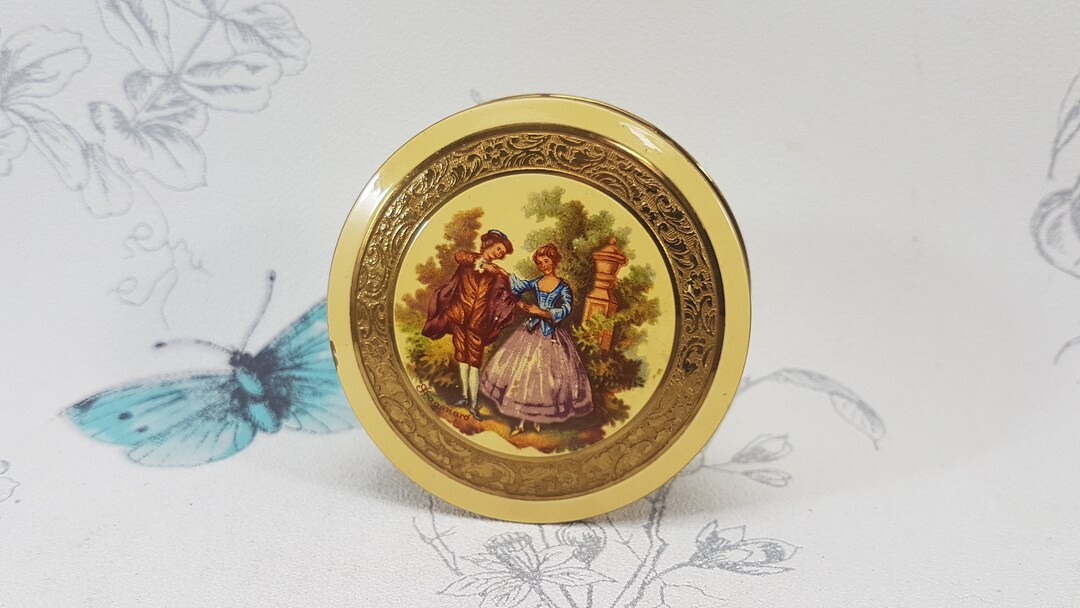 Vintage Colibri Powder Compact: Gilt Metal Enamel Romantic Scene, 1950s ...