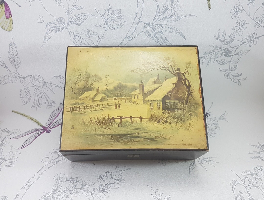 Antique Wooden Sewing Workbox With Winter Rural Scene Lid, Victorian ...