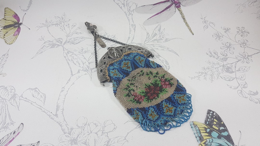 Antique Beadwork Chatelaine Bag, 1820s Dutch Silver Framed Glass ...