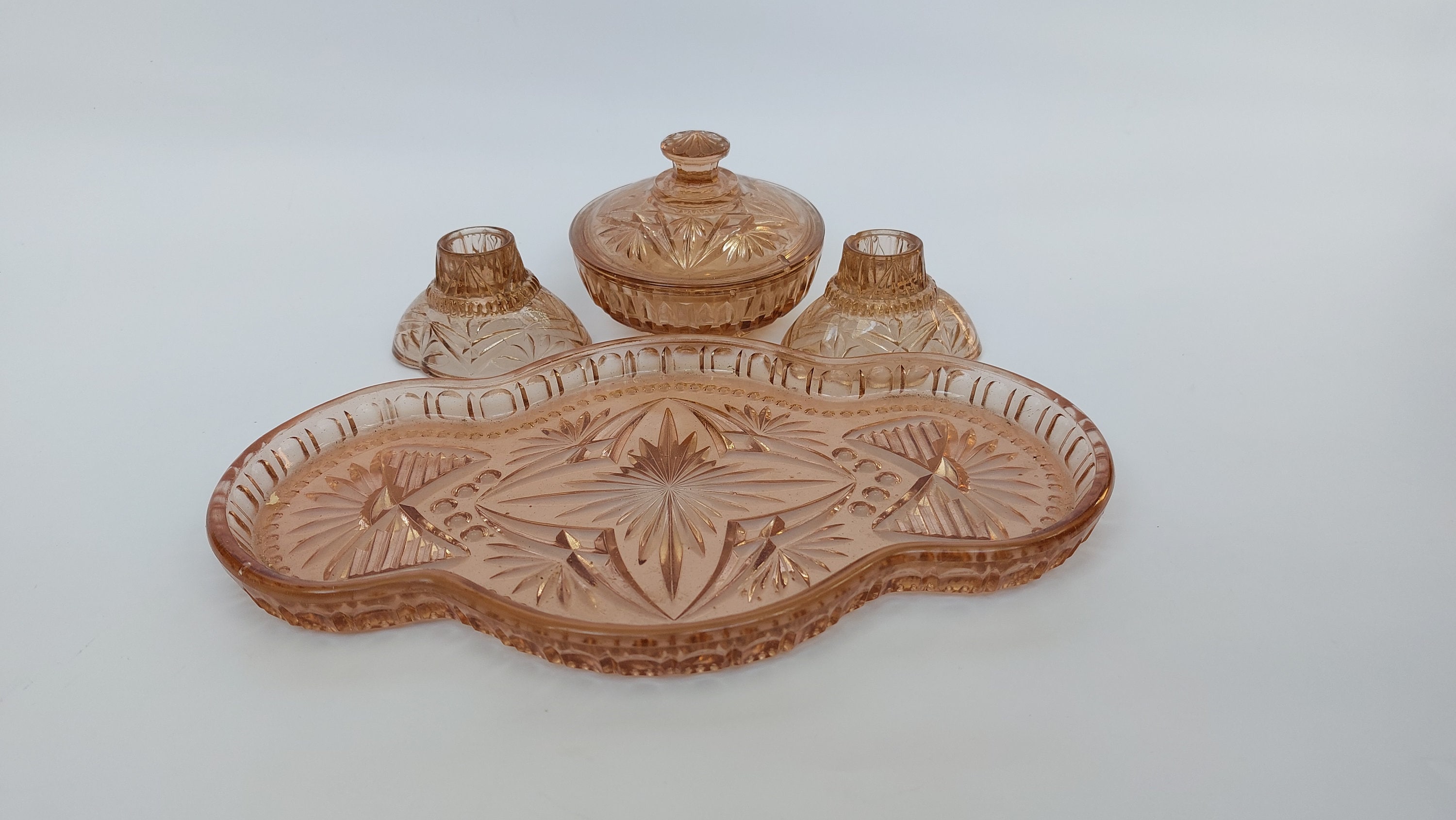 Art Deco glass vanity set 4 piece vintage depression glass | Etsy