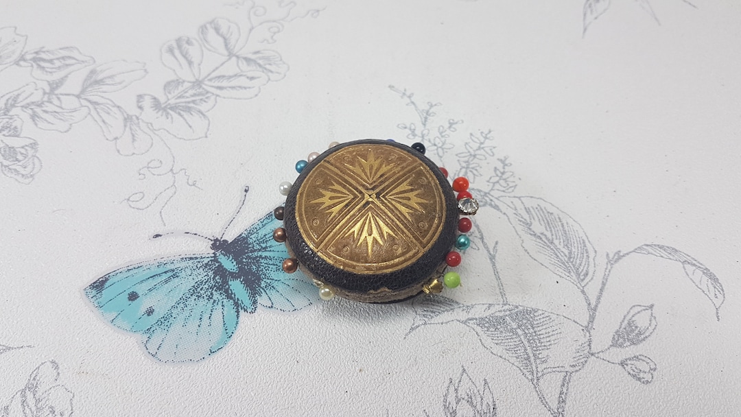 Antique Leather Pin Cushion, Victorian Round Leather Pincushion With ...
