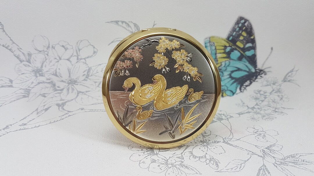 Vintage Japanese Compact Mirror, Vintage Chokin Art Swans Powder ...