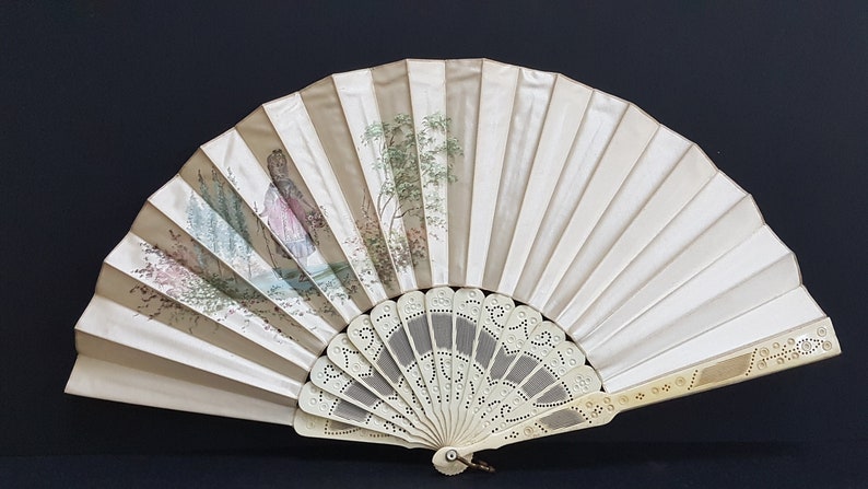 Antique French Hand Fan 19th Century Hand Painted Silk Satin - Etsy UK
