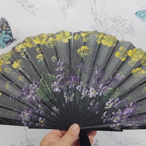 Vintage Hand Fan, Hand Painted Black Wood and Fabric Hand Fan With ...
