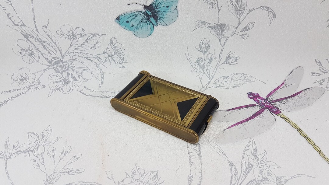 Vintage Camera Powder Compact, Art Deco Black Enamel Combined Powder ...