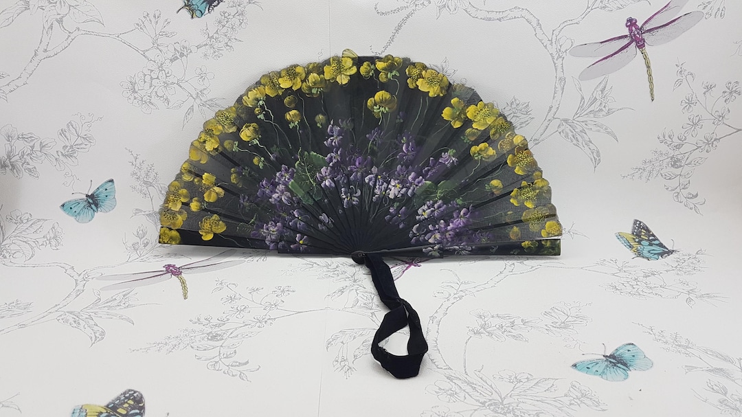 Vintage Hand Fan, Hand Painted Black Wood and Fabric Hand Fan With ...