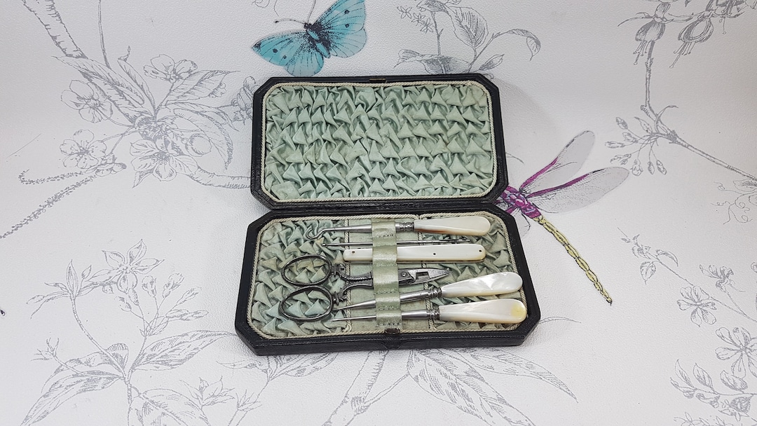 Antique Black and Gold Sewing Case With Cinched Effect Green Satin ...