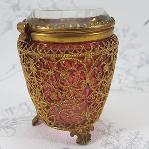 Antique Cranberry Glass Ormolu Trinket Box, Antique Gilt Filigree ...